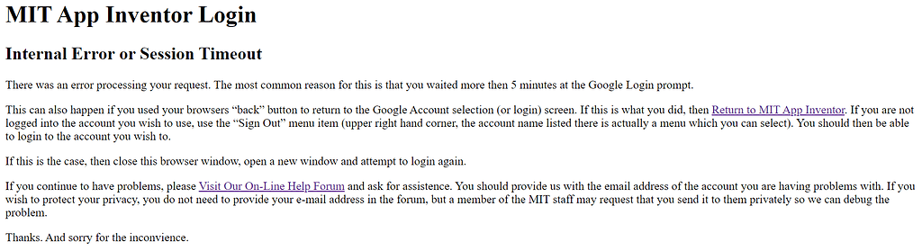 Login: Internal Error or Session Timeout - Bugs and Other Issues - MIT App Inventor Community