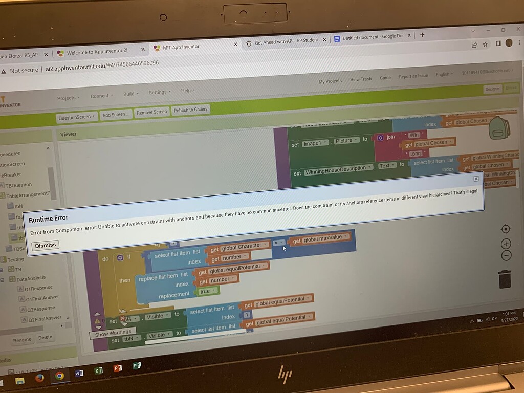 Unable to activate constraint with anchors (Runtime Error) - App Inventor for iOS - MIT App ...