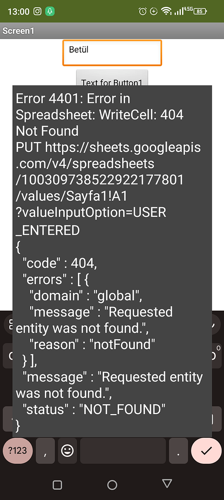 When I send data with spreadsheet write cell, I get the error shown in the picture. why? What ...