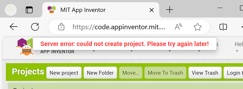 Server error: could not create project - Bugs and Other Issues - MIT App Inventor Community