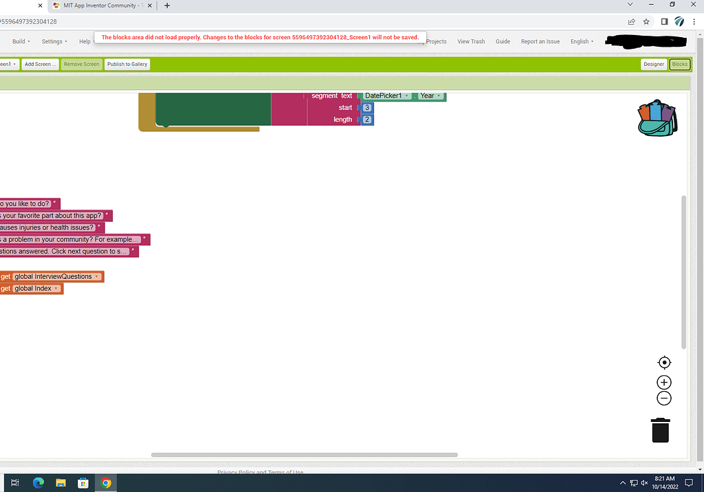 I am in class and this blocks area did not load properly popped up and I need help please - Bugs ...