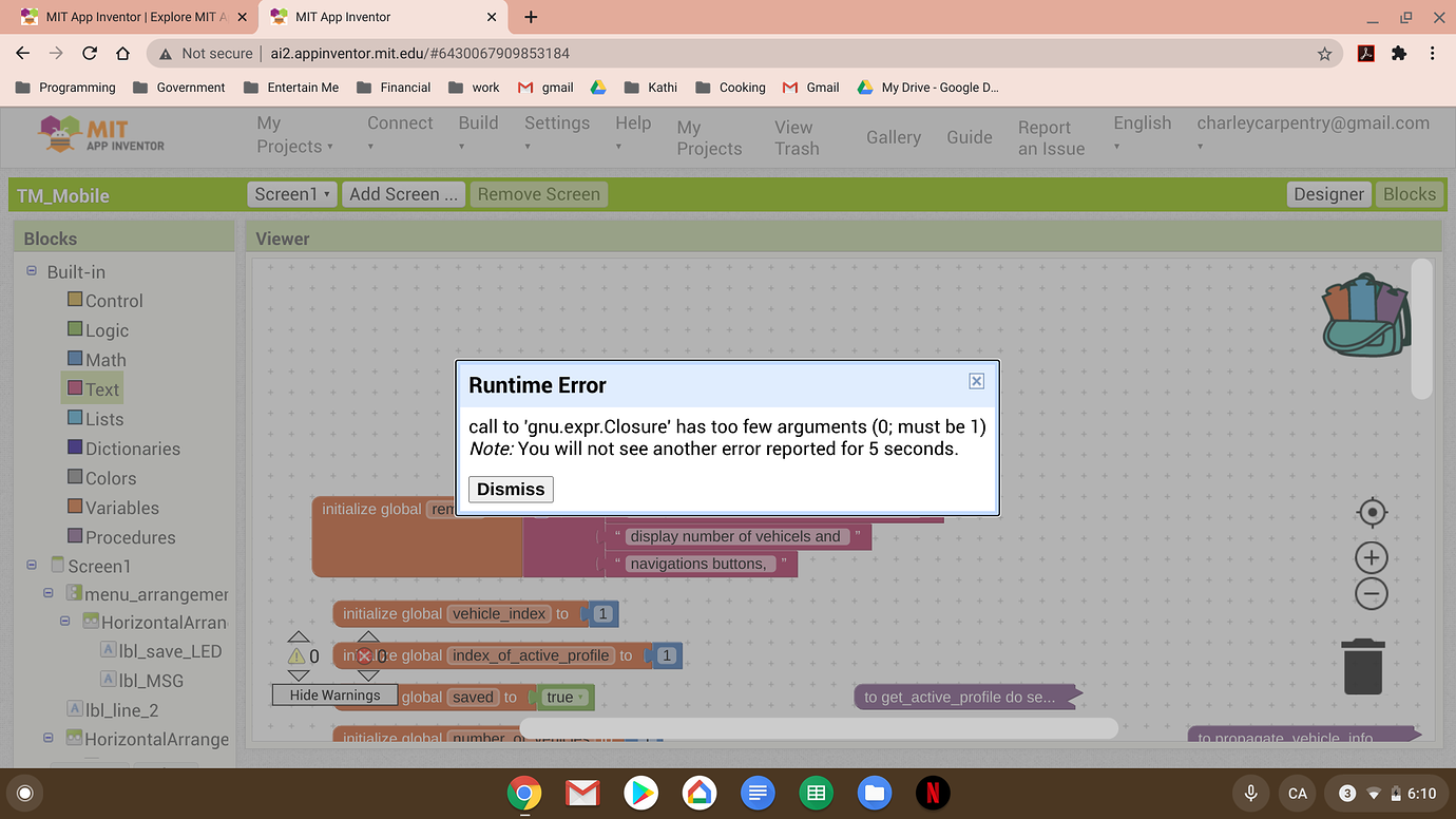 Call To Gnu Expr Closure Has Too Few Arguments Bugs And Other Issues Mit App Inventor