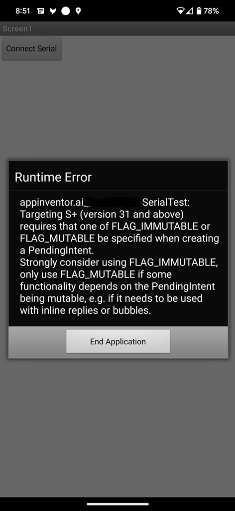 Serial component error ( requires that one flag of FLAG_IMMUTABLE be specified) - MIT App ...