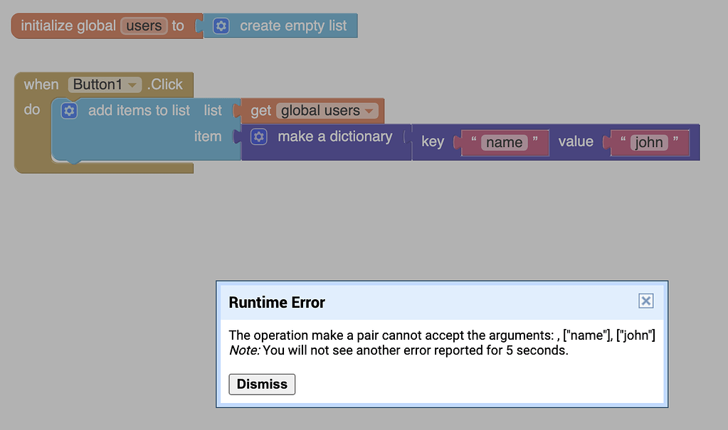 The operation make a (key:value) pair in a list cannot accept the arguments (MacOS Emulator ...