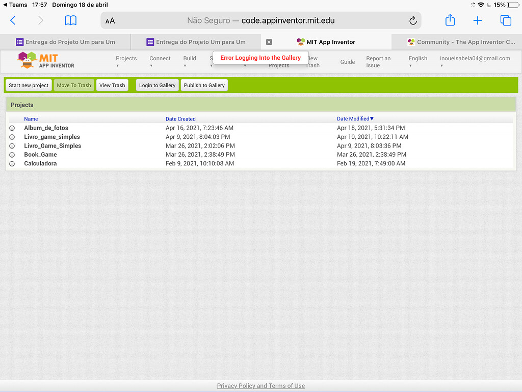 Problema para fazer login na galeria - MIT App Inventor Help - MIT App ...