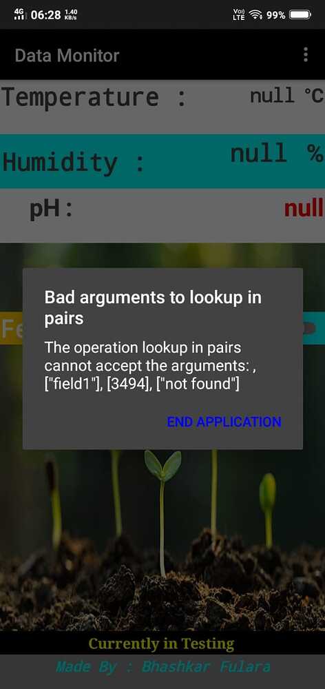 Bad arguments lookup in pairs The operation lookup in pairs cannot accept the arguments ["field1 ...
