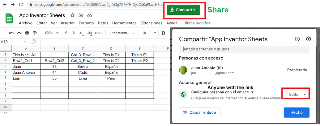 Spreadsheet component. Example. Google Sheets - Tutorials and Guides - MIT App Inventor Community