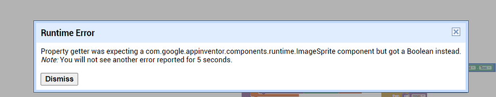 Property getter was expecting a com.google.appinventor.components.runtime.ImageSprite component ...
