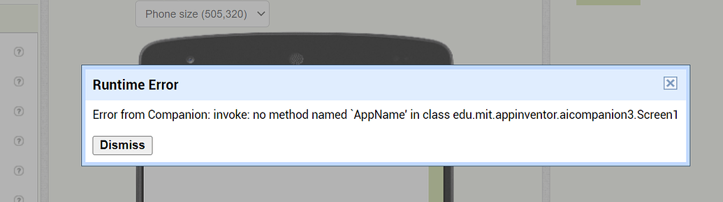 Error from Companion: invoke: no method named `AppName' in class edu.mit.appinventor ...