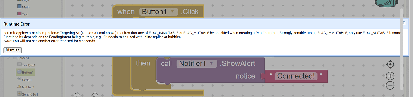 Getting Runtime Error When Trying To Use Serial To Communicate To Arduino Mit App Inventor