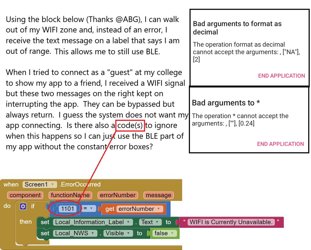Getting system messages, "Bad arguments to", while using WIFI and BLE - MIT App Inventor Help ...