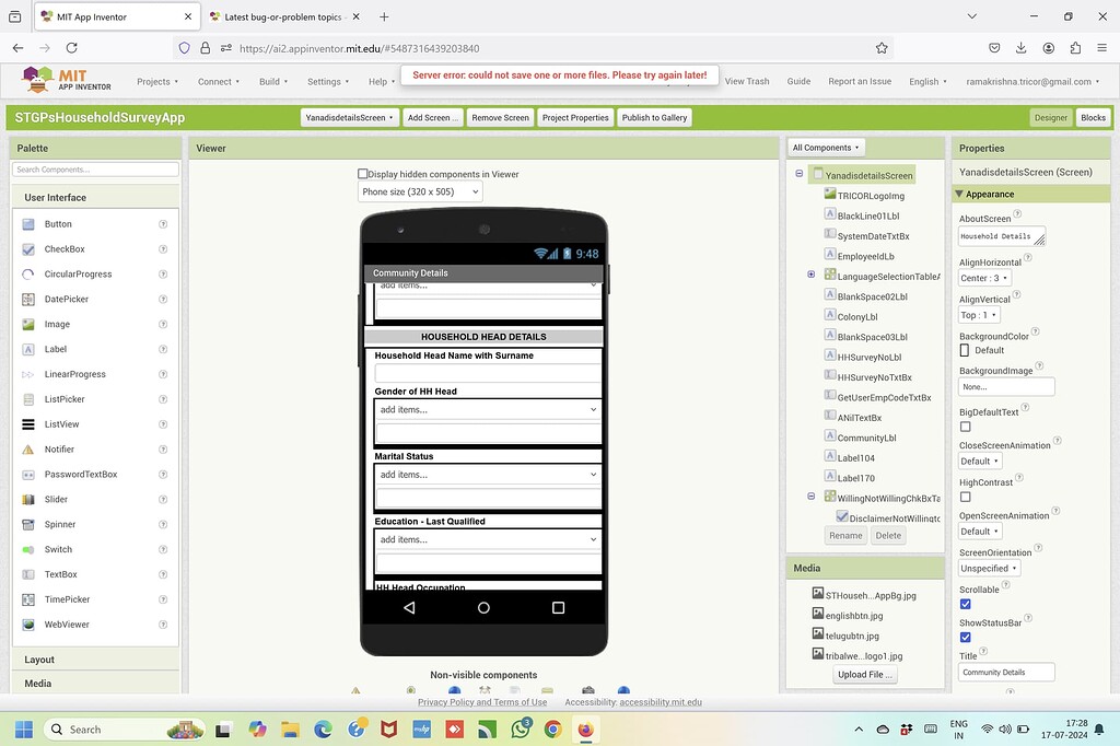 Server error: could not save one or more files. Please try again later ...