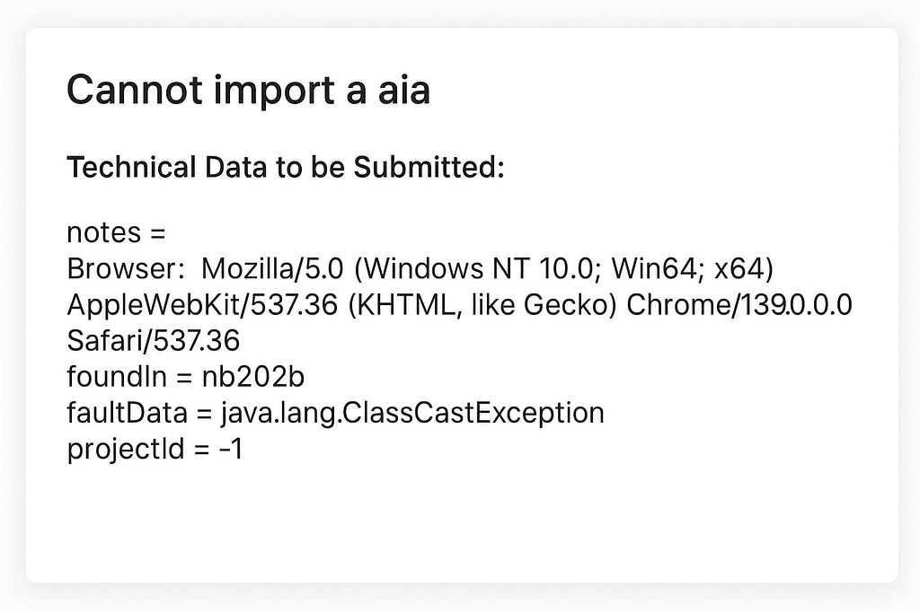 Cannot import any .aia project: java.lang.ClassCastException (nb202b ...