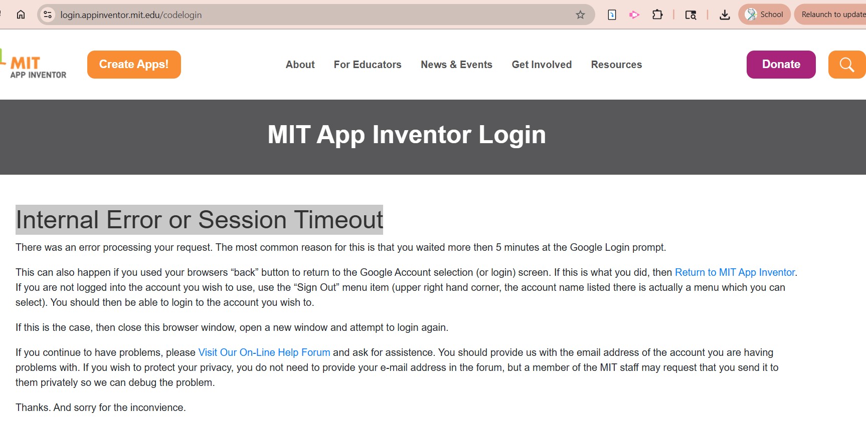 Internal Error or Session Timeout - Bugs and Other Issues - MIT App ...