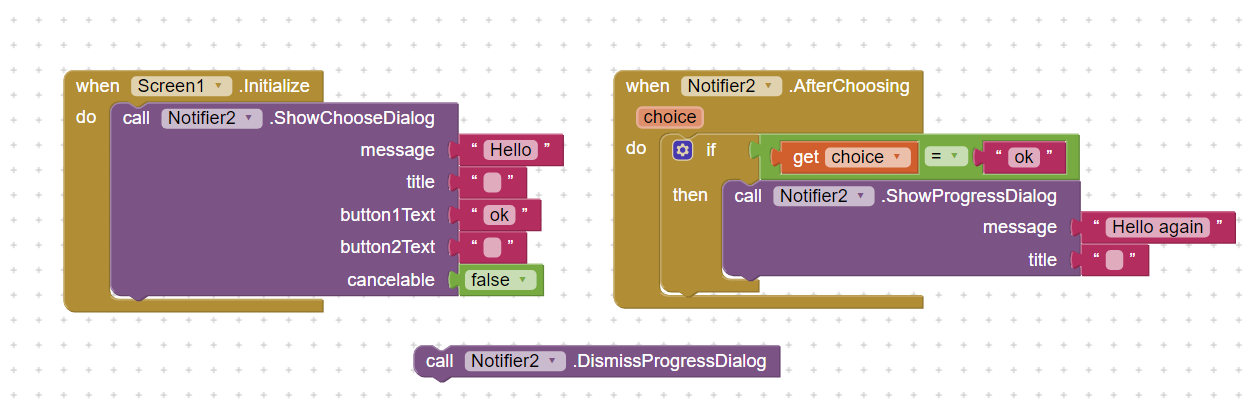 I want after press the button text from the notifier.ShowMessage.Dialog to show a second message ...